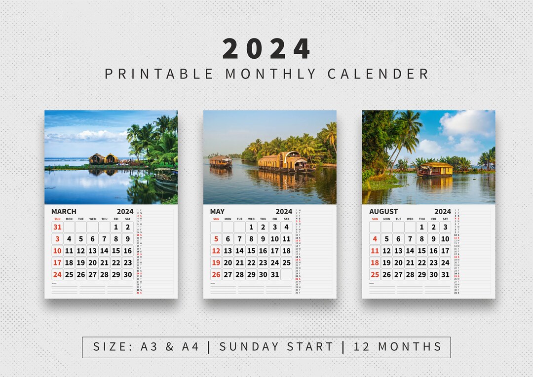 2024 Calendar Printable | A3 and A4 Size | Portrait House Boat Theme ...