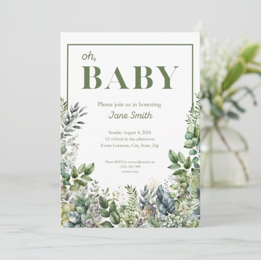 Digital File - Oh, Baby Invitations. Greenery, Succulent, Plants. Baby ...