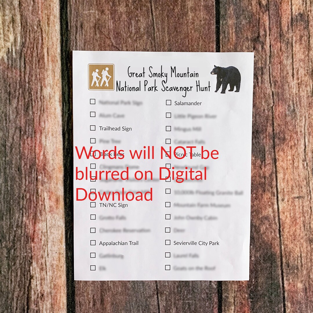 Printable Great Smoky Mountain National Park, Scavenger Hunt, Travel ...