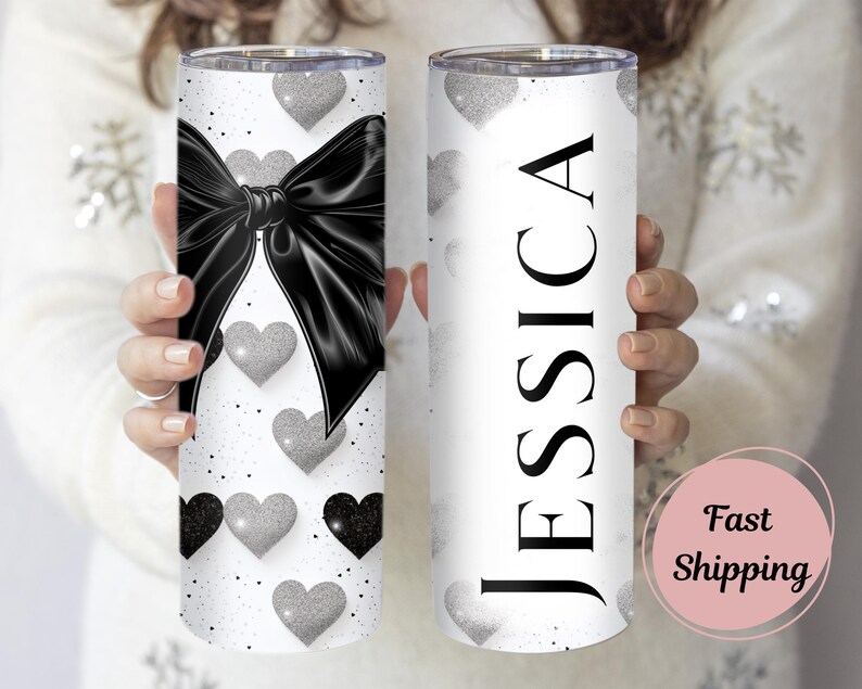 Personalized Hearts & Bows Tumbler: Custom Name 20 Oz Skinny Tumbler - Etsy