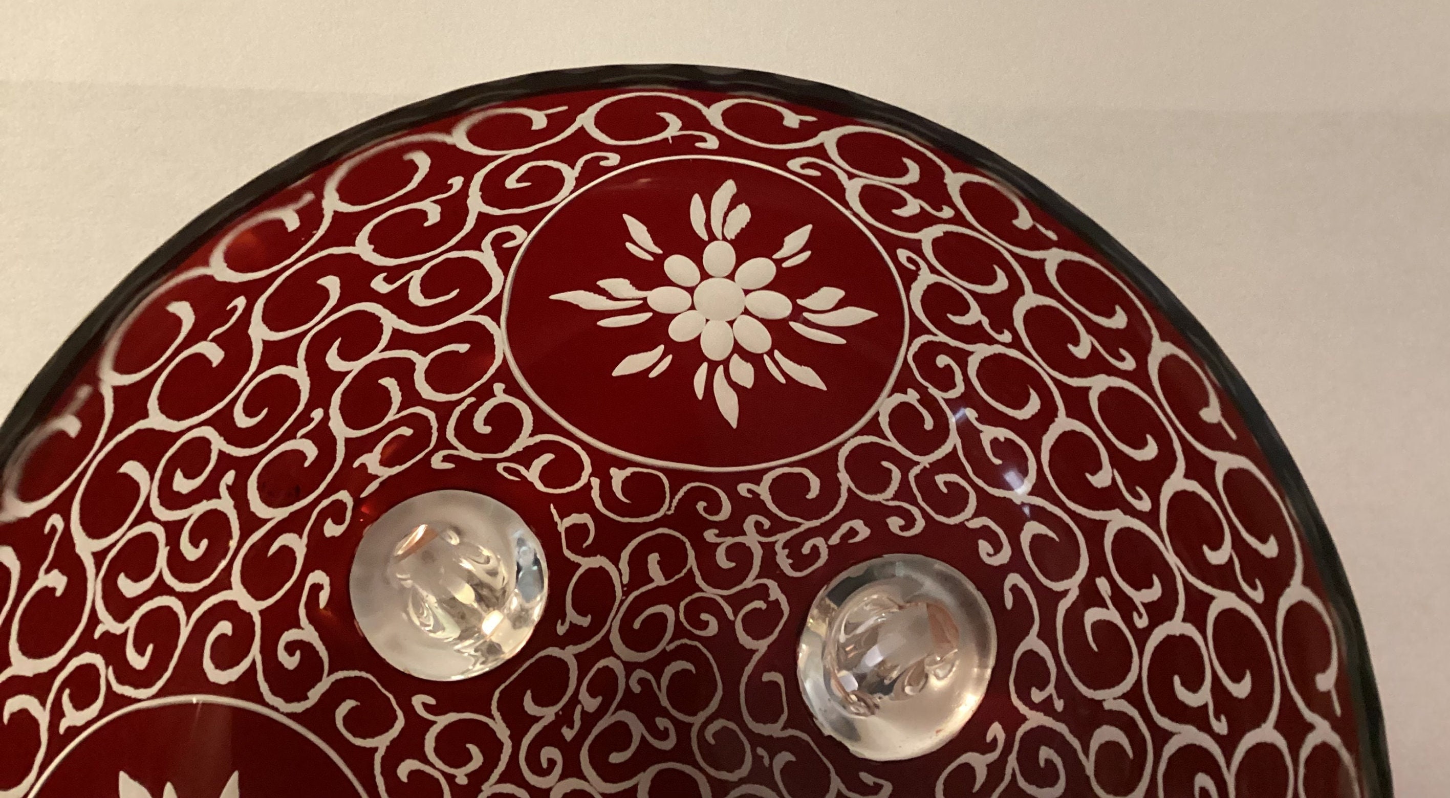 Antique Bohemian Glass Footed Ruby Red Etched Curls and Floral Compote ...