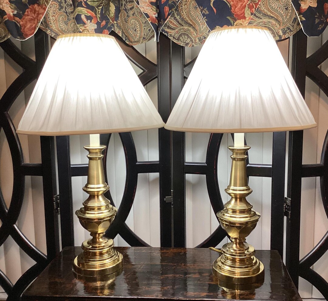 Pair of Stiffel Brass Table Lamps 33” Tall Plus Original Stiffel Shades ...