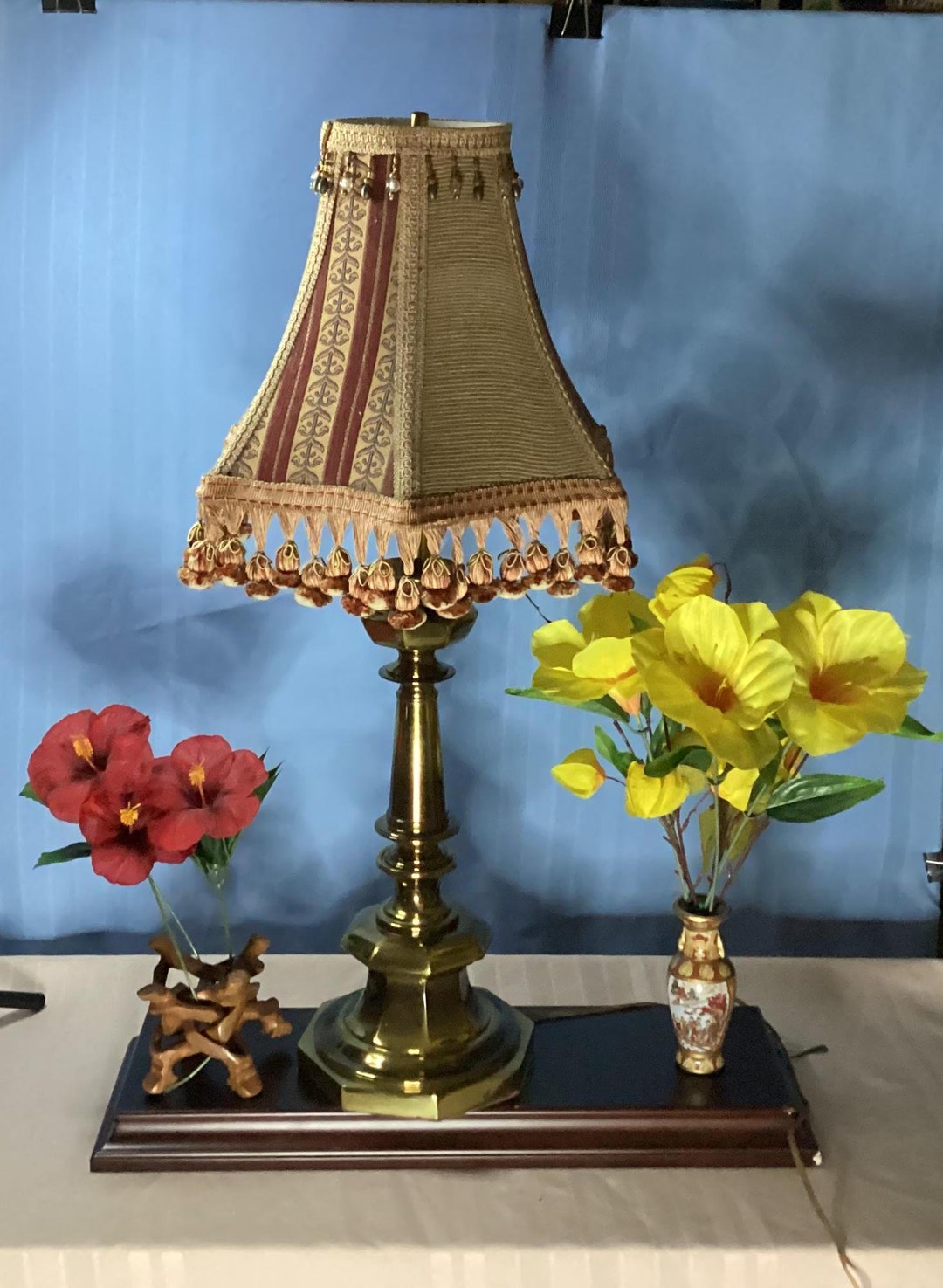 Vintage Leviton Brass Table Lamp: French Country Fabric Shade, Tassels ...