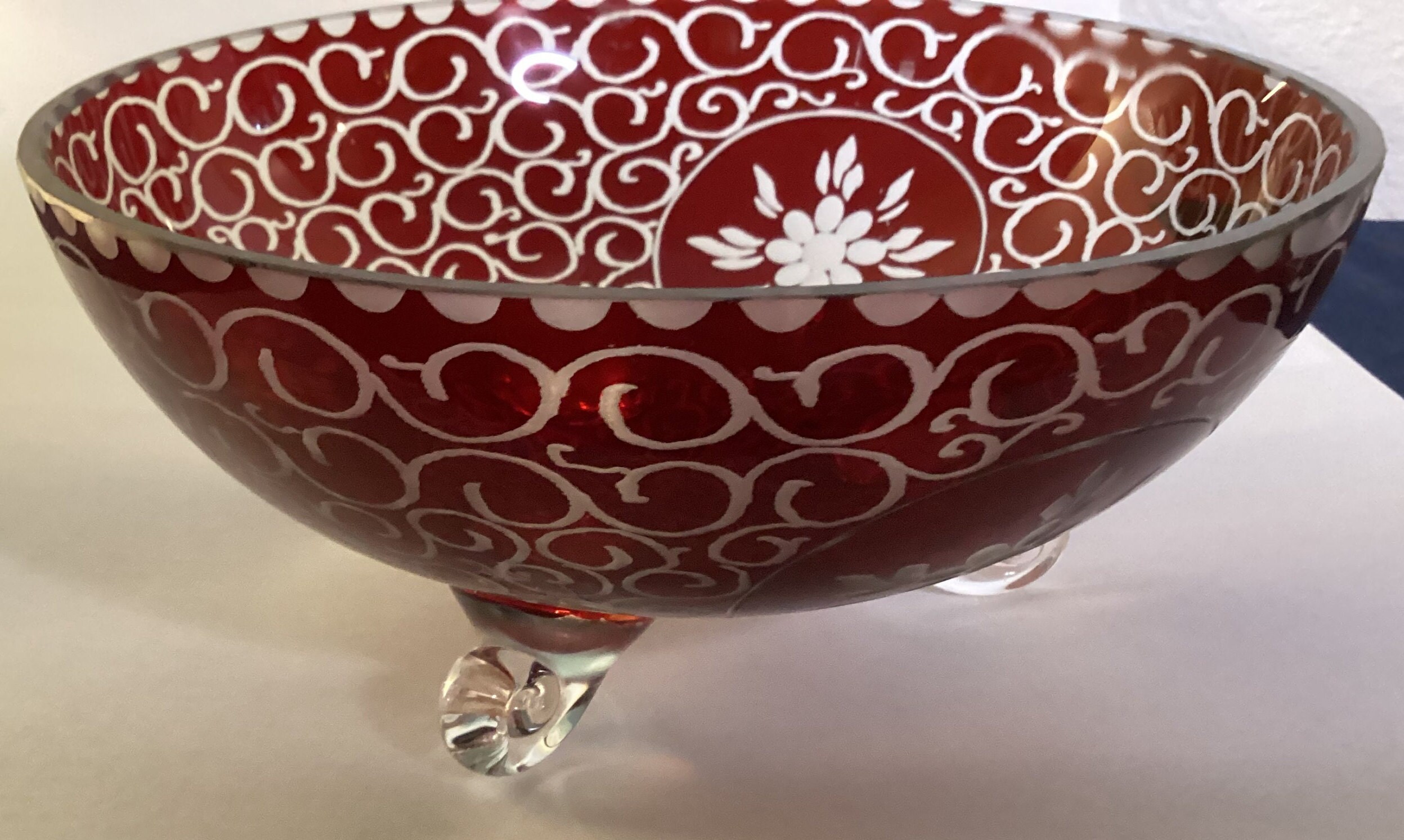 Antique Bohemian Glass Footed Ruby Red Etched Curls and Floral Compote ...