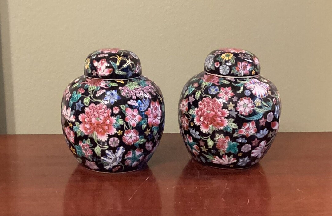 Pair of Famille Noir Style Polychrome Chinese Ginger Jars - Etsy