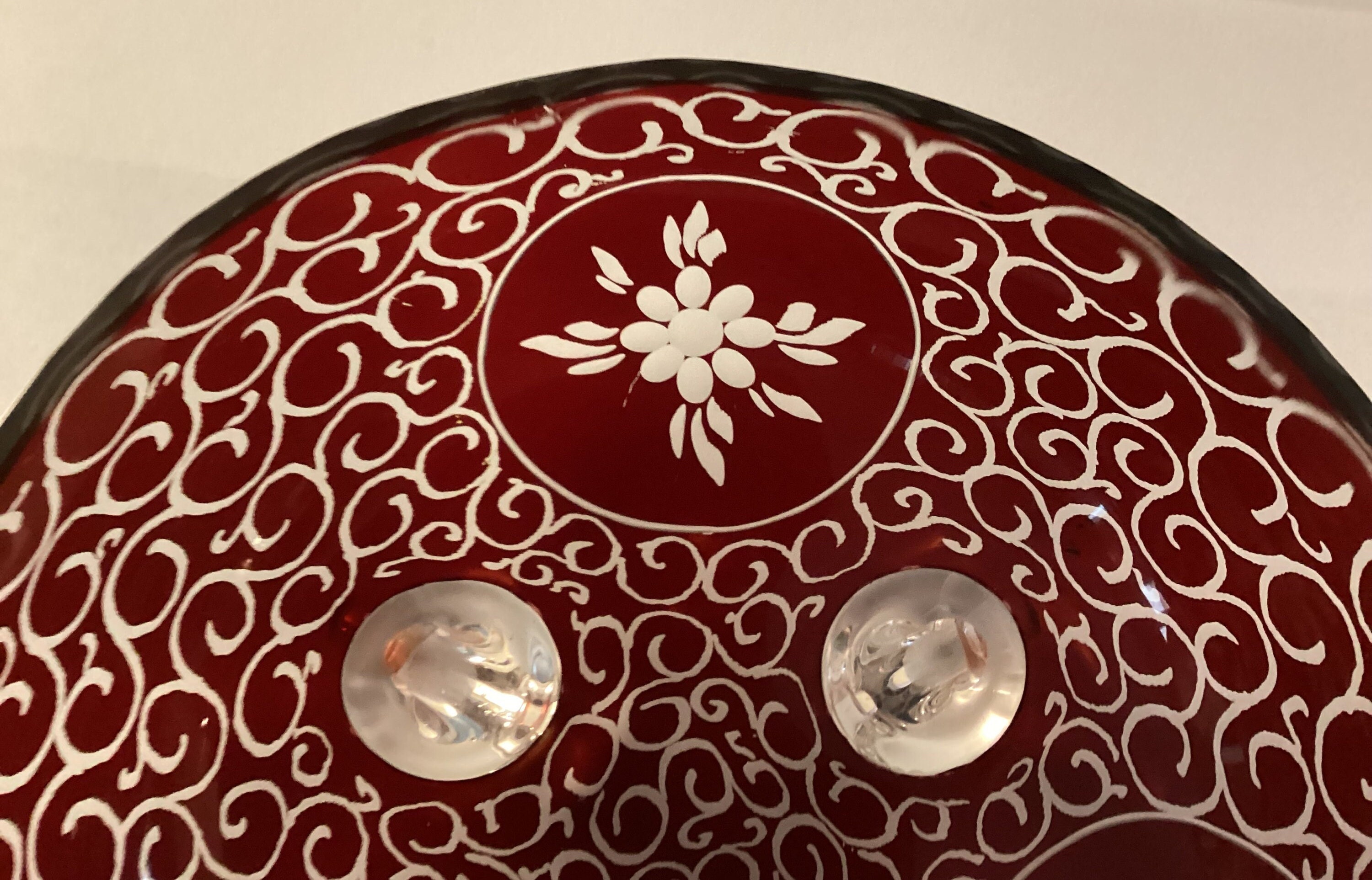 Antique Bohemian Glass Footed Ruby Red Etched Curls and Floral Compote ...