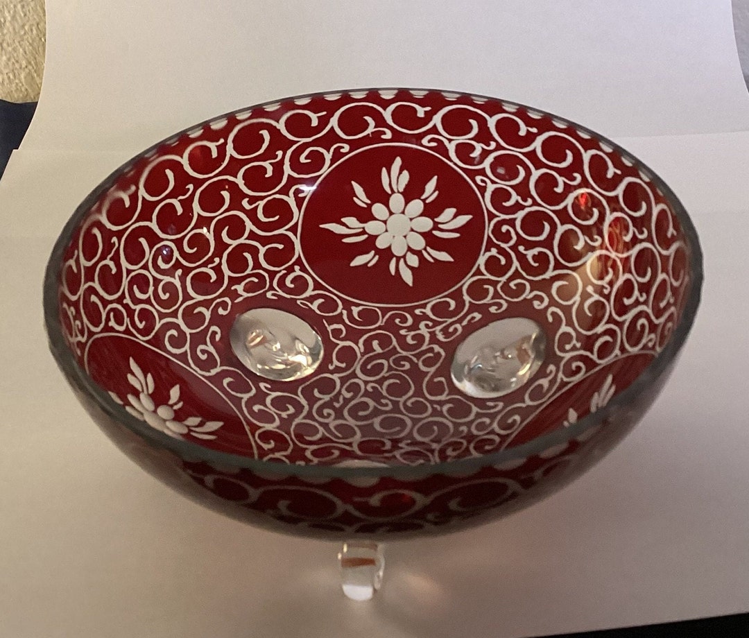 Antique Bohemian Glass Footed Ruby Red Etched Curls and Floral Compote ...