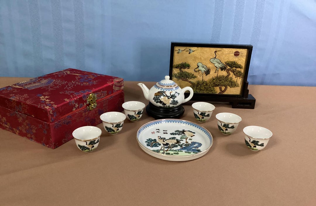 Vintage Miniature Chinese Tea Set: Cranes & Foliage Design in Brocade ...
