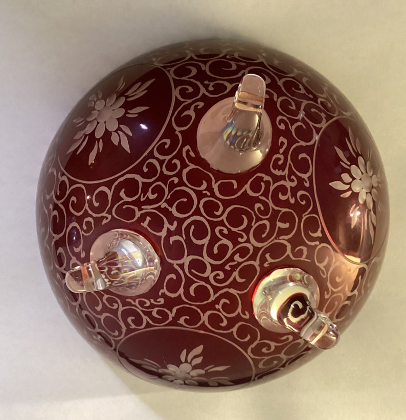 Antique Bohemian Glass Footed Ruby Red Etched Curls and Floral Compote ...