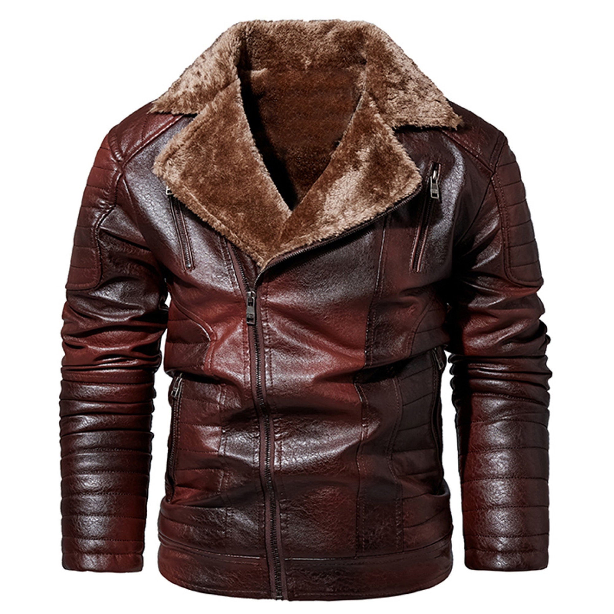 Men’s Biker Distressed Genuine Sheepskin, Faux Fur Moto Classic Thick ...