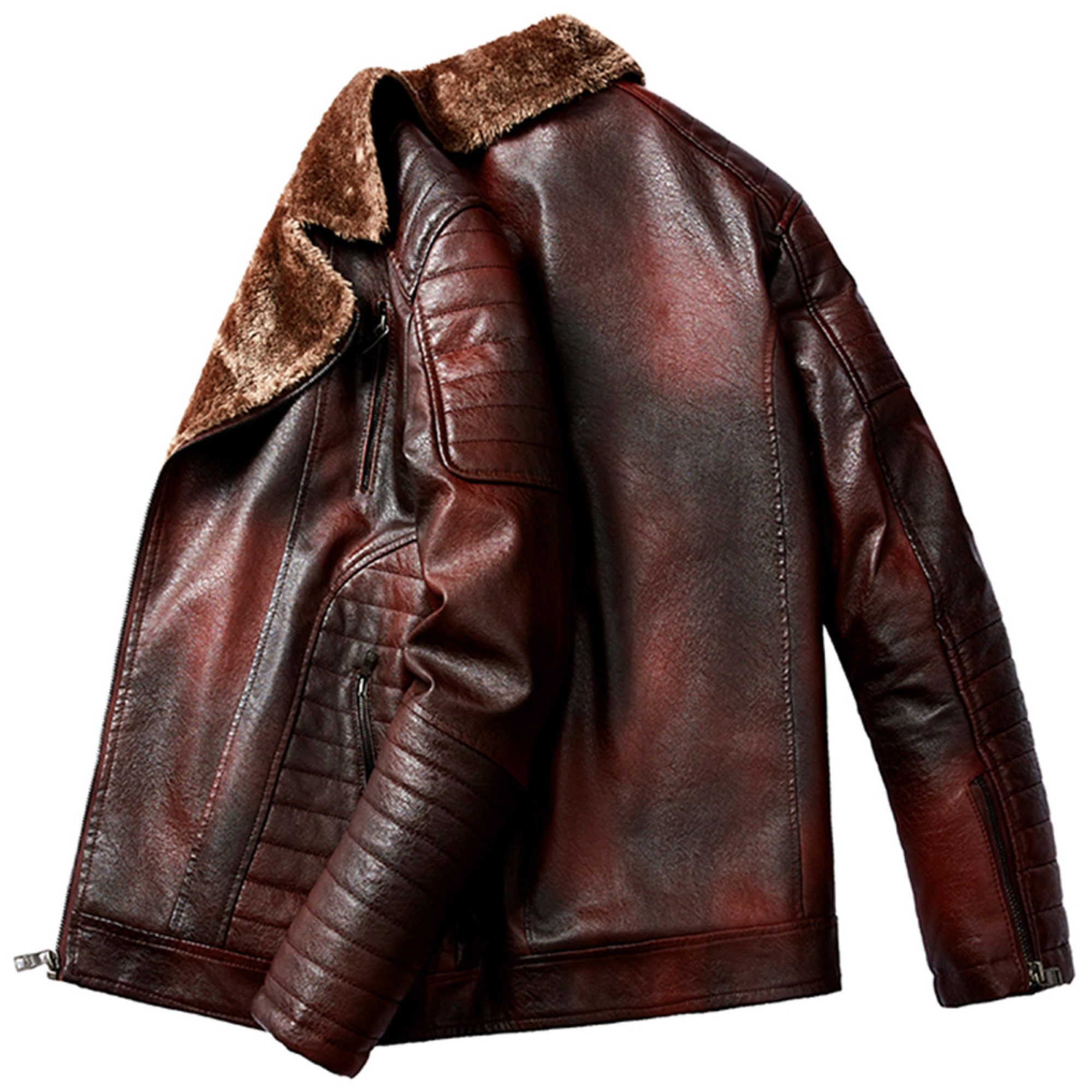 Men’s Biker Distressed Genuine Sheepskin, Faux Fur Moto Classic Thick ...