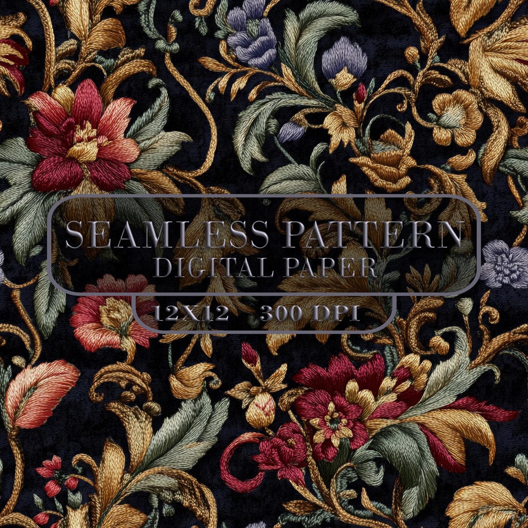 Embroidered Baroque Seamless Pattern Digital Design for Crafts, Elegant ...