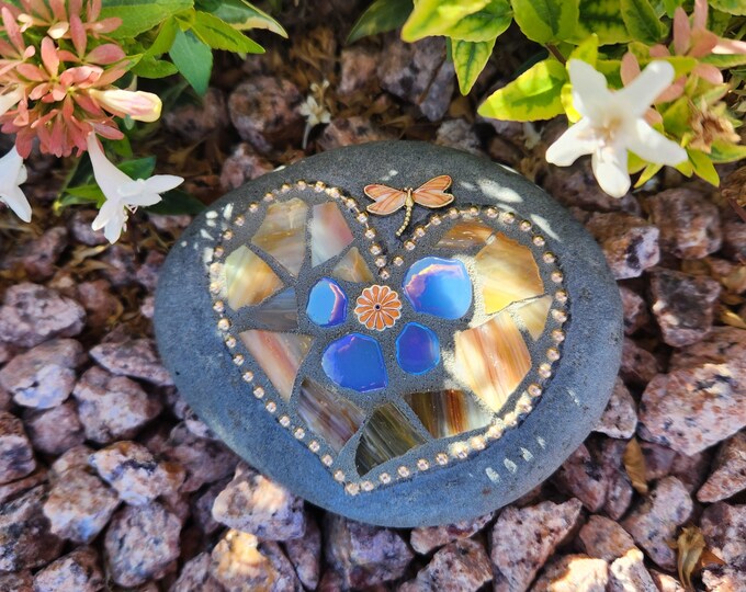 Dragonfly Pansy Heart Friendship Mosaic Stone - Etsy
