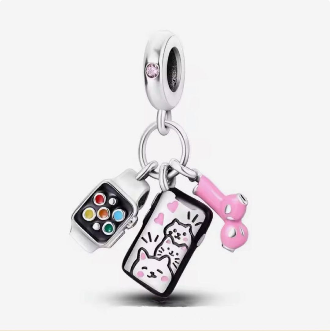 Original Cute Cellphone, Smartwatch and Earphone Charm, Thick Silver ...