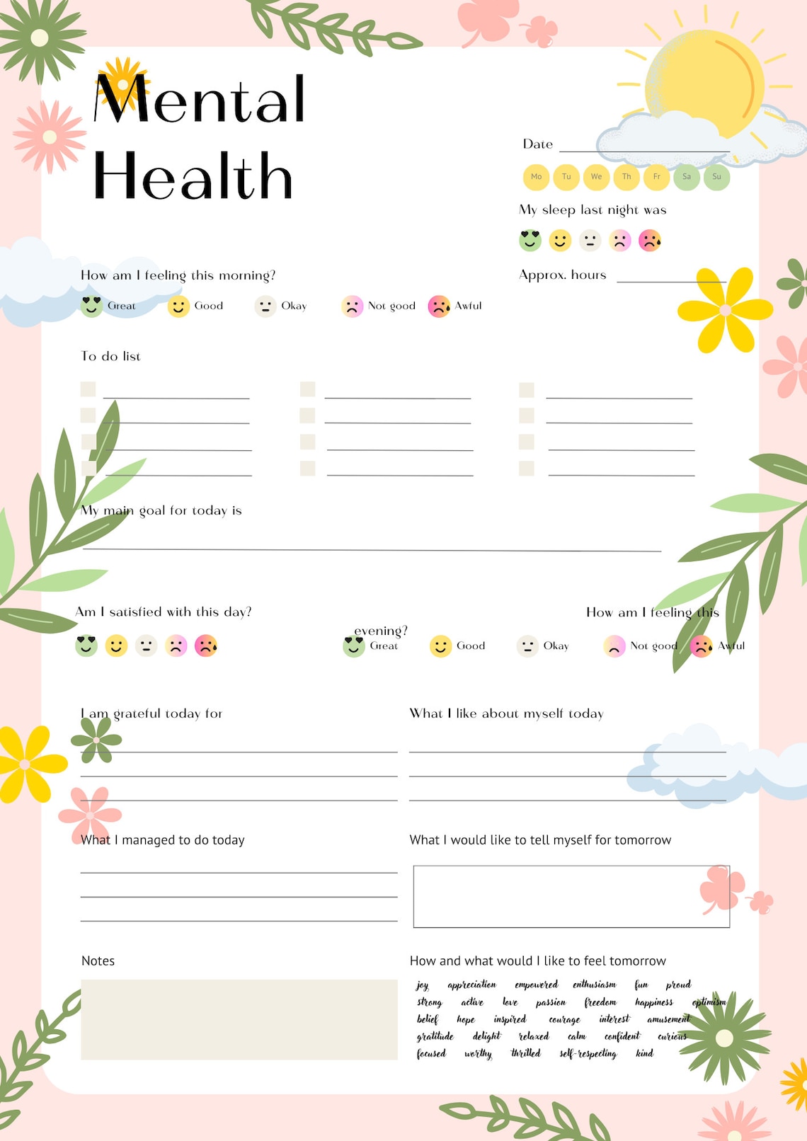 Daily Mental Health Tracker || Therapy Pages || Daily Check-in Mental ...