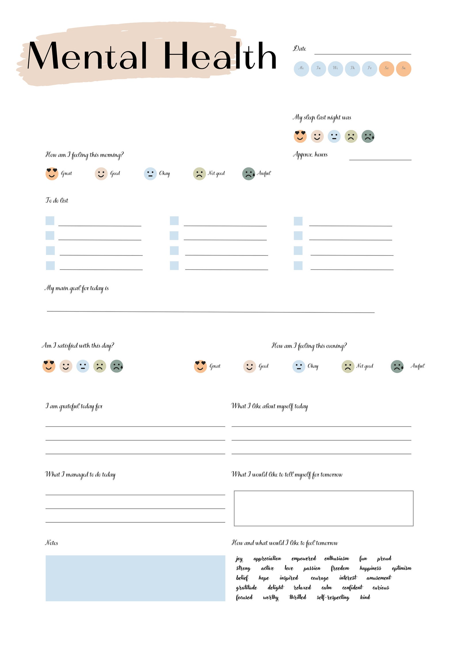 Daily Mental Health Tracker || Therapy Pages ||daily Check-in for ...