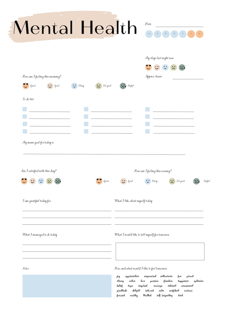 Daily Mental Health Tracker || Therapy Pages ||daily Check-in for ...