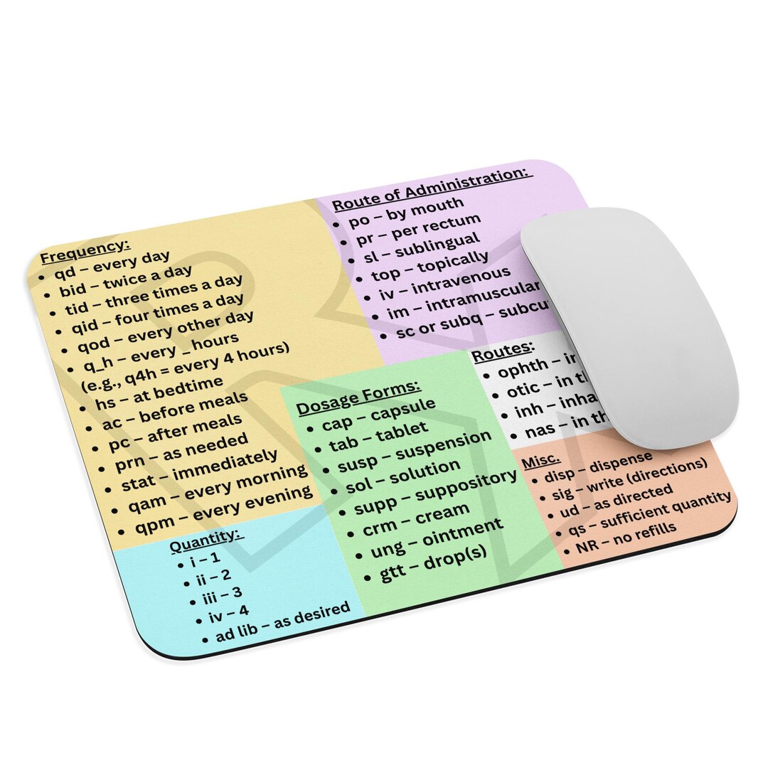 Pharmacy Cheat Sheet Sig Code Mouse Pad (pharmacy Technician ...