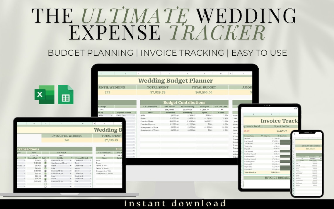 Wedding Budget Planner Spreadsheet | Expense and Invoice Tracker for ...