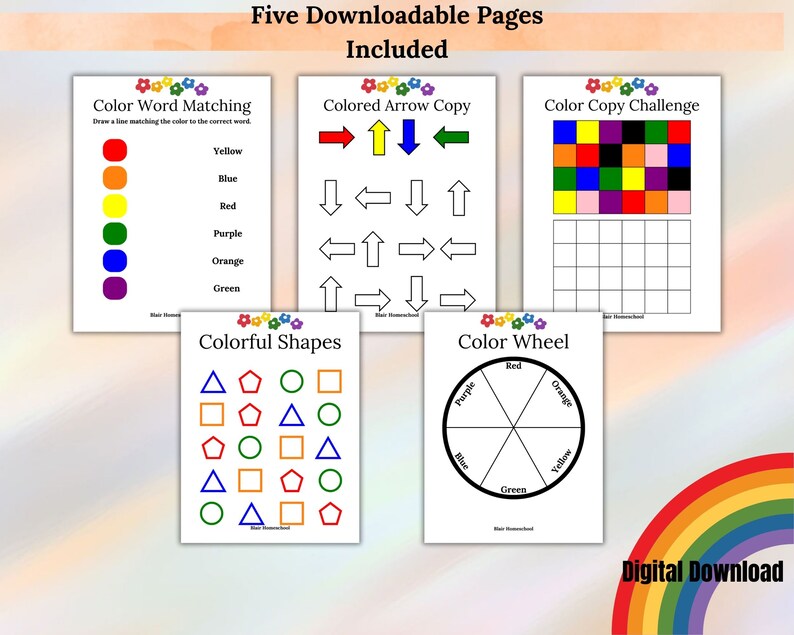 Color Themed Printable Worksheets 5-pack - Etsy