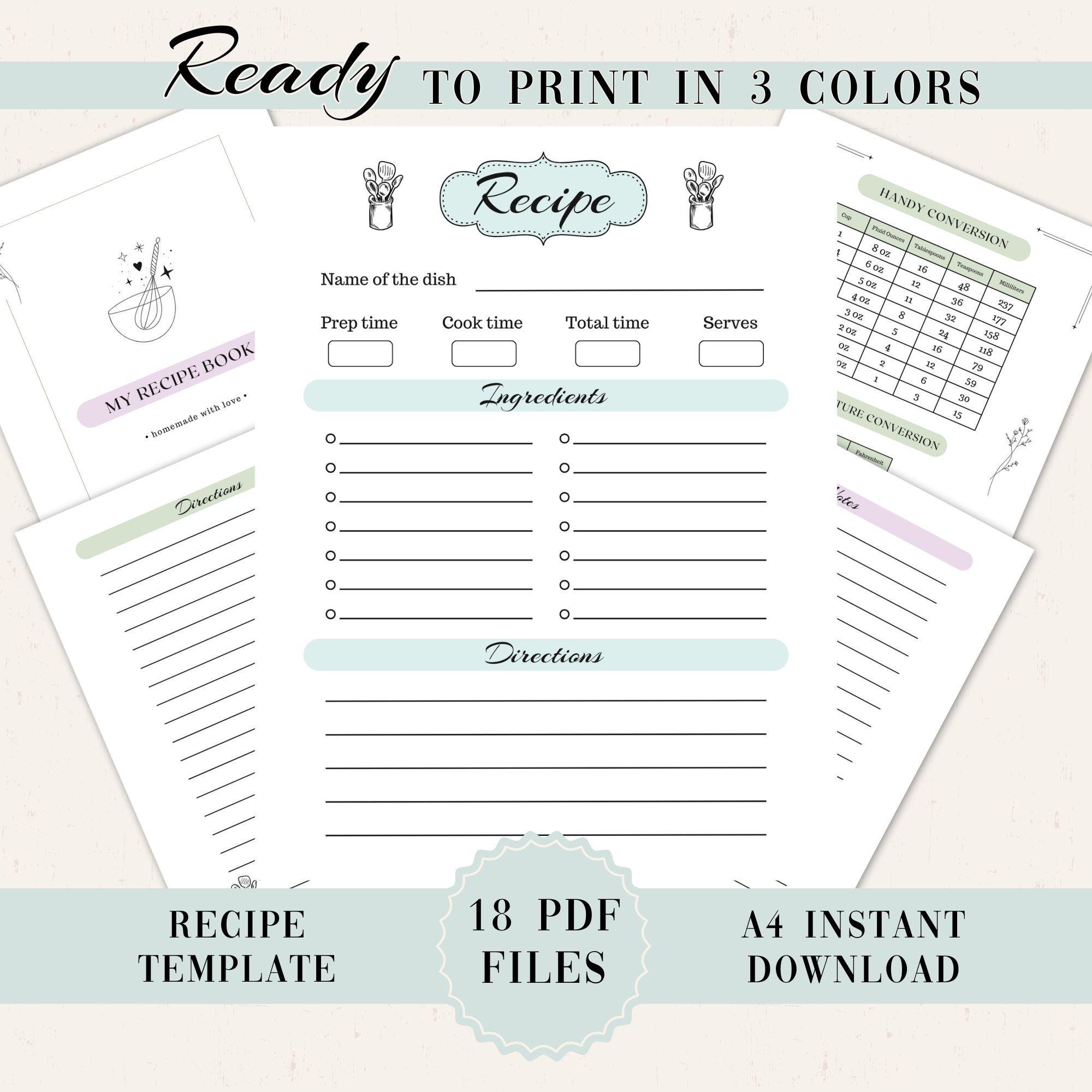 Digital Printable Blank Recipe Pages, Digital Recipe Sheet for Meal ...