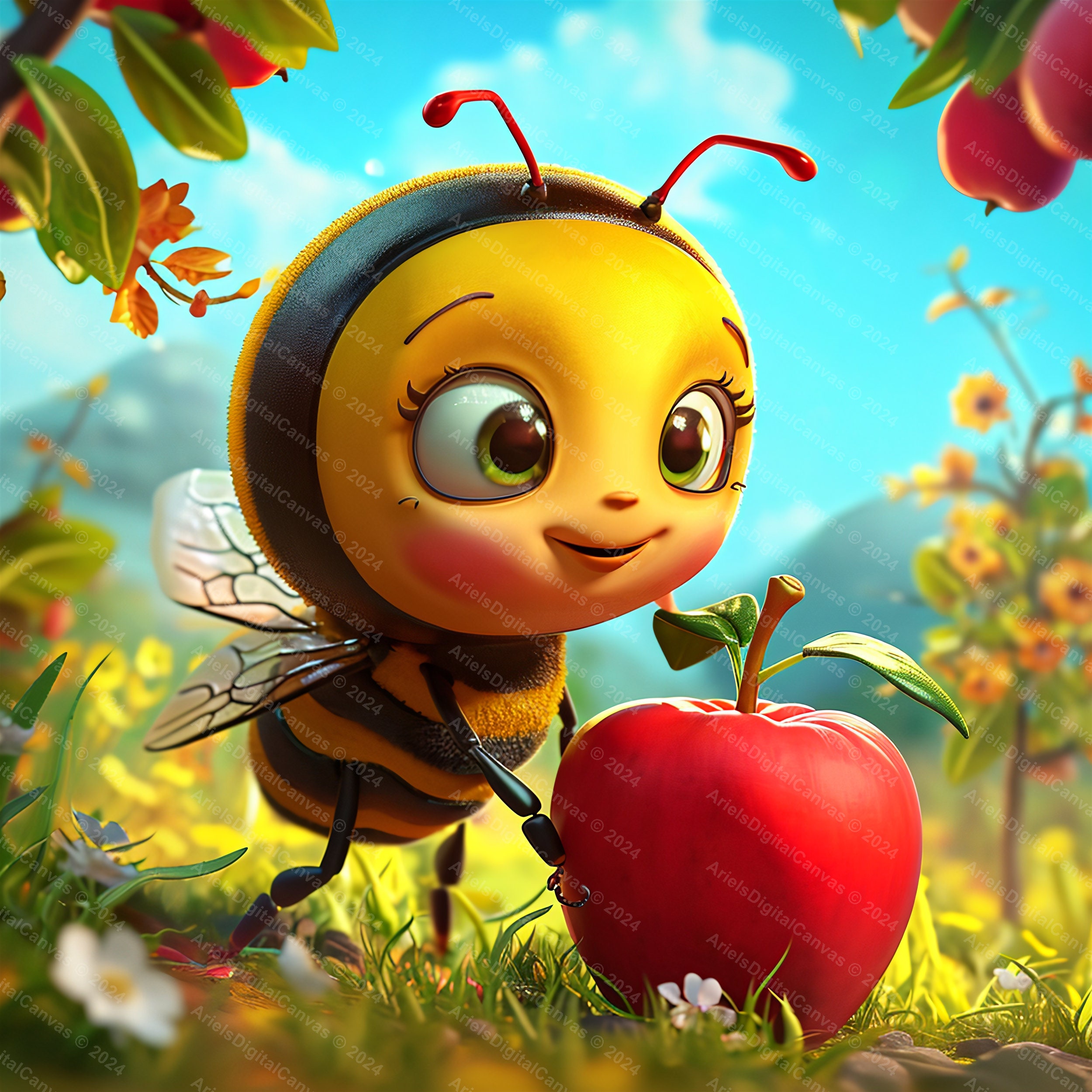 Super Cute Digital Paper Bee With Red Apple Charming Bee Theme Perfect ...