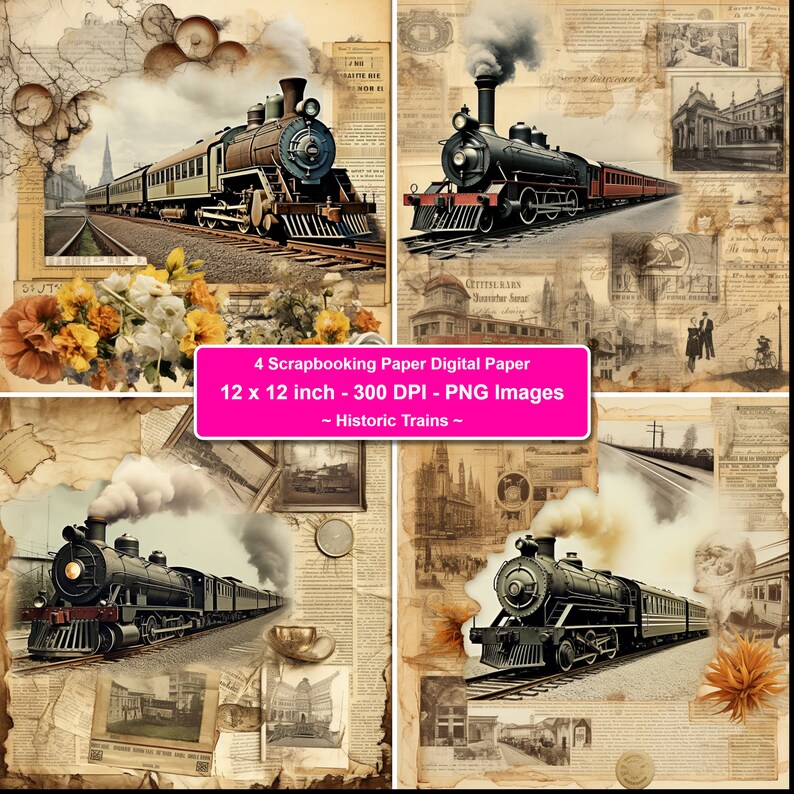 Vintage Train Design Digital Paper Scrapbook Style Nostalgic Railway ...