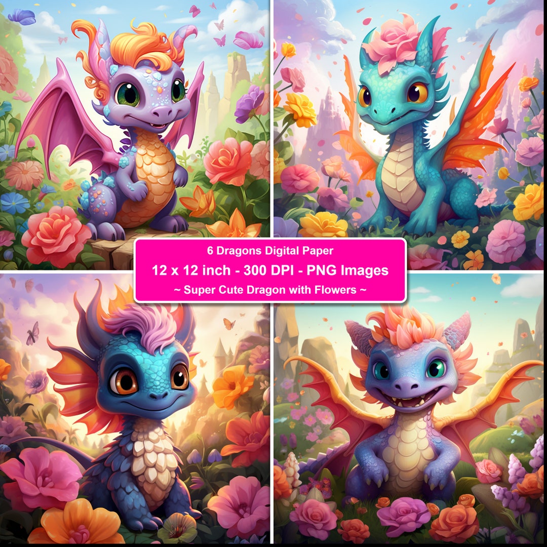 Charming Dragon With Flowers Digital Paper Whimsical Creature Design ...
