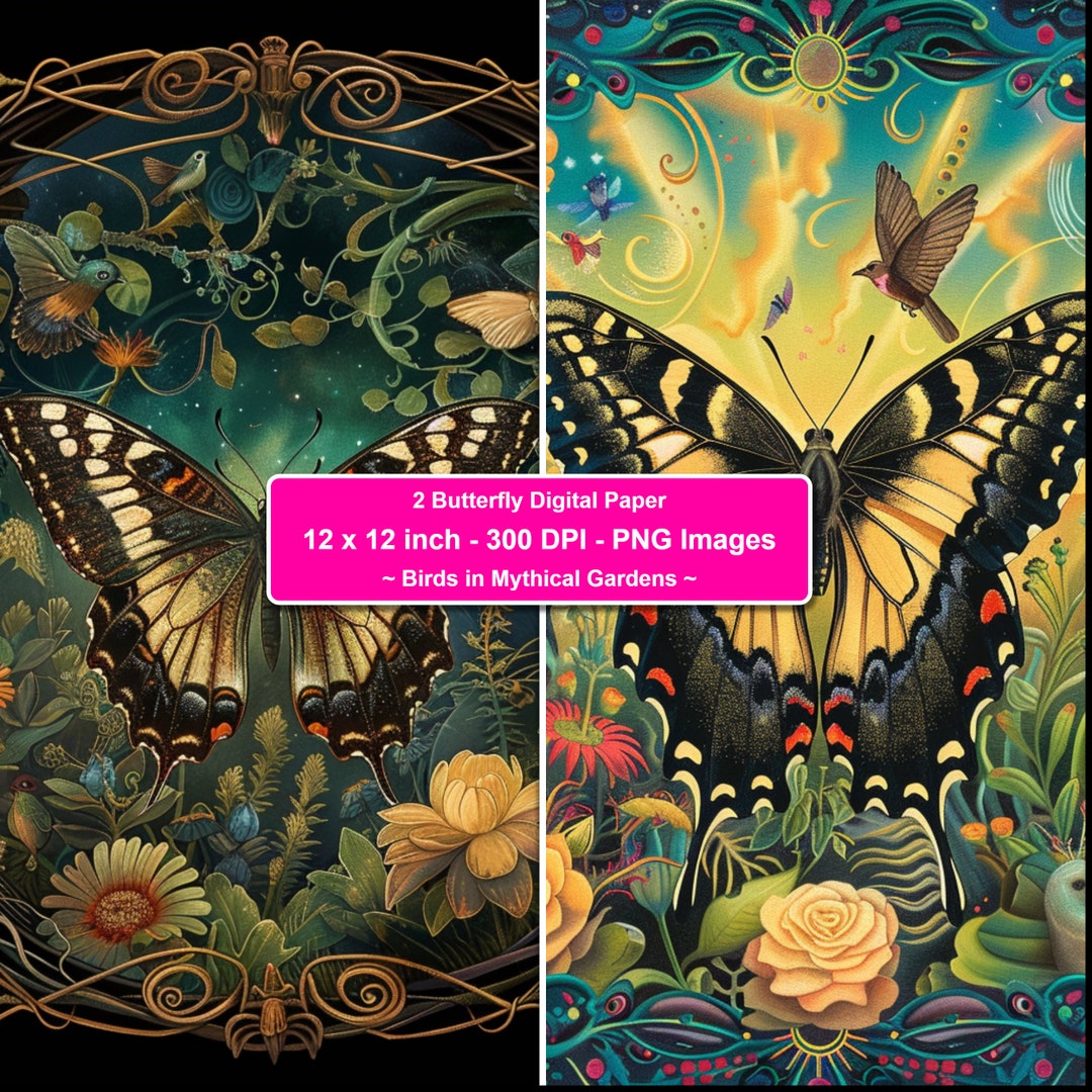 Enchanted Butterfly Garden Digital Paper Vibrant Mythical Birds Scene ...