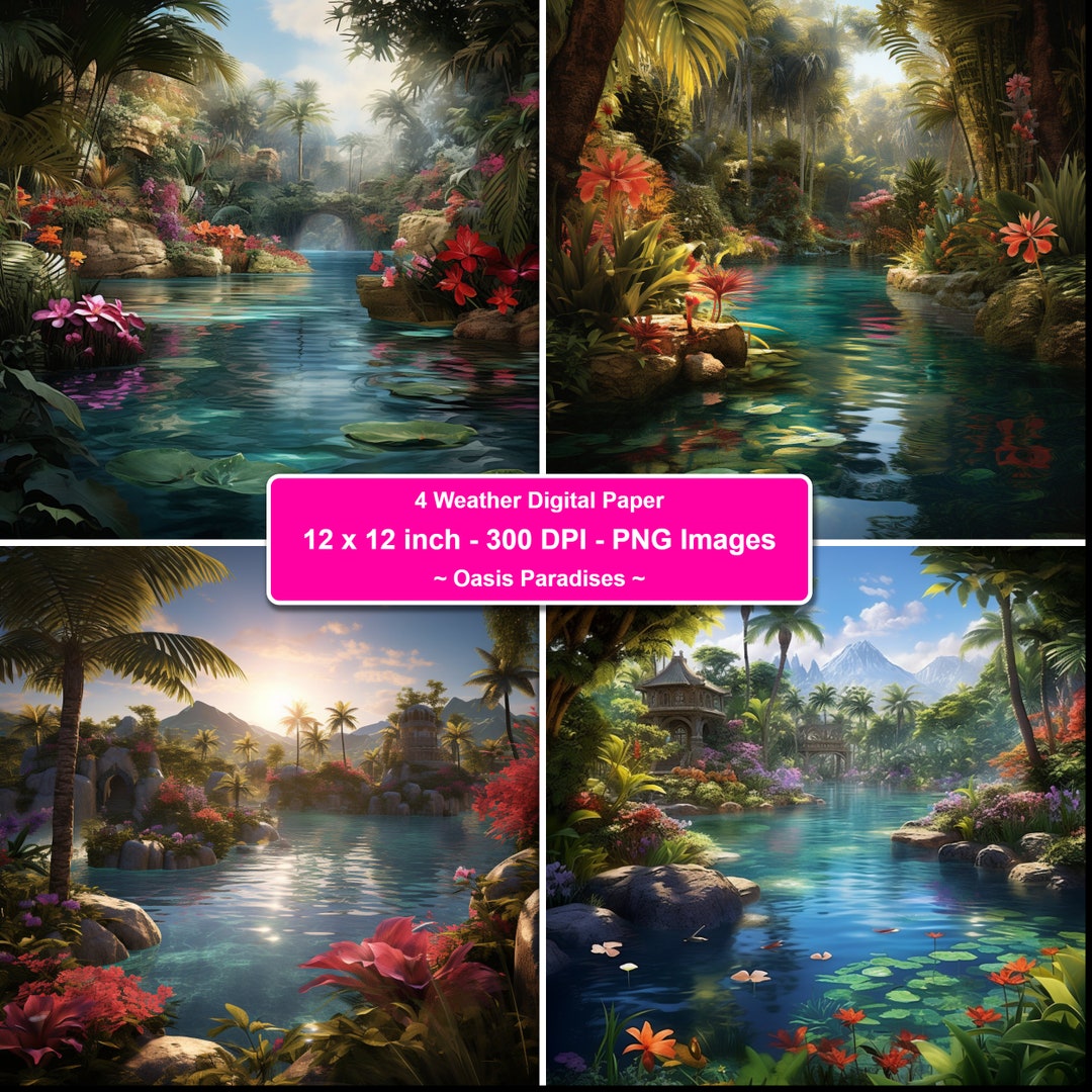 Tropical Digital Paper Oasis Digital Paper Vibrant Paradise Digital Art ...