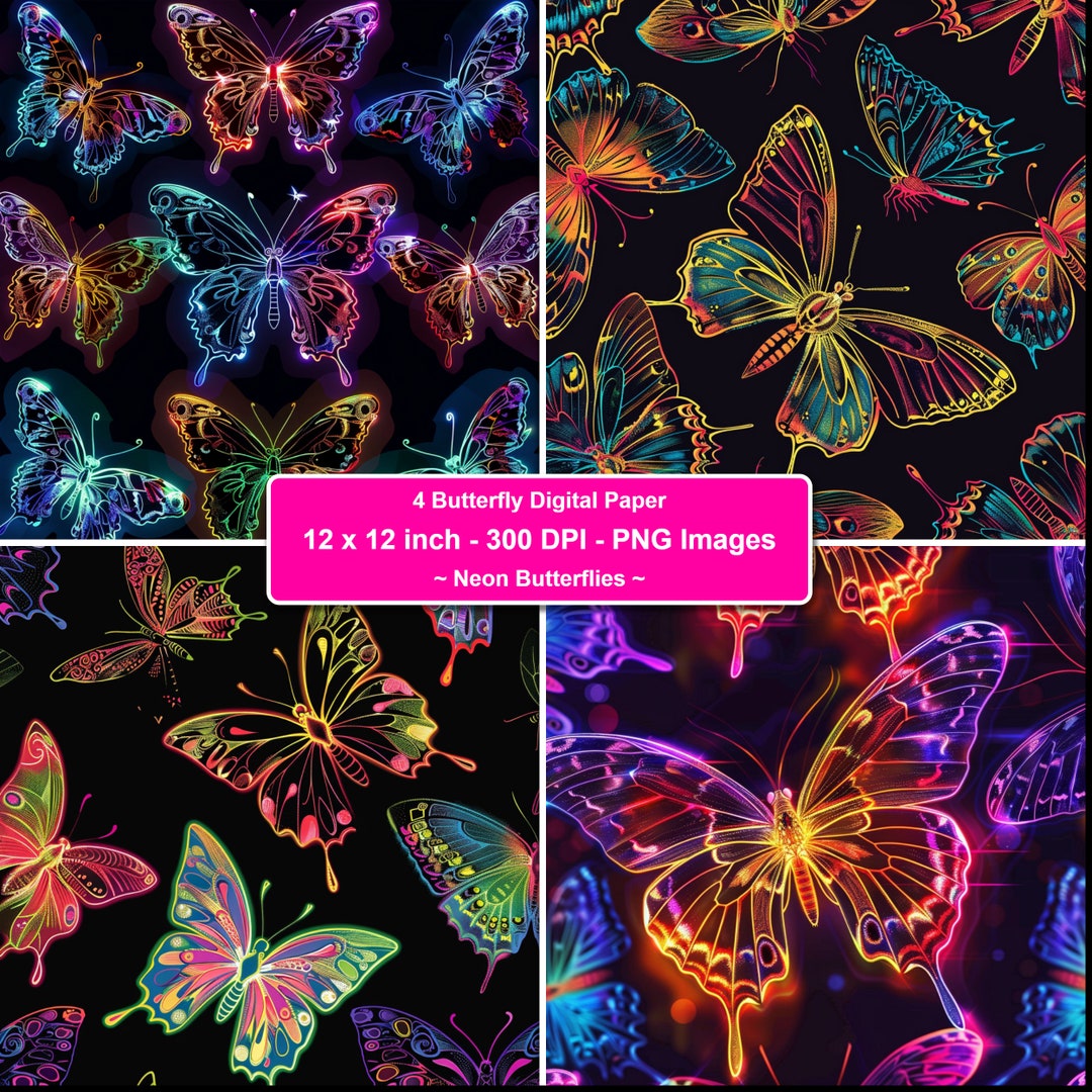 Vibrant Neon Butterfly Digital Paper High-quality Printable Card Making ...