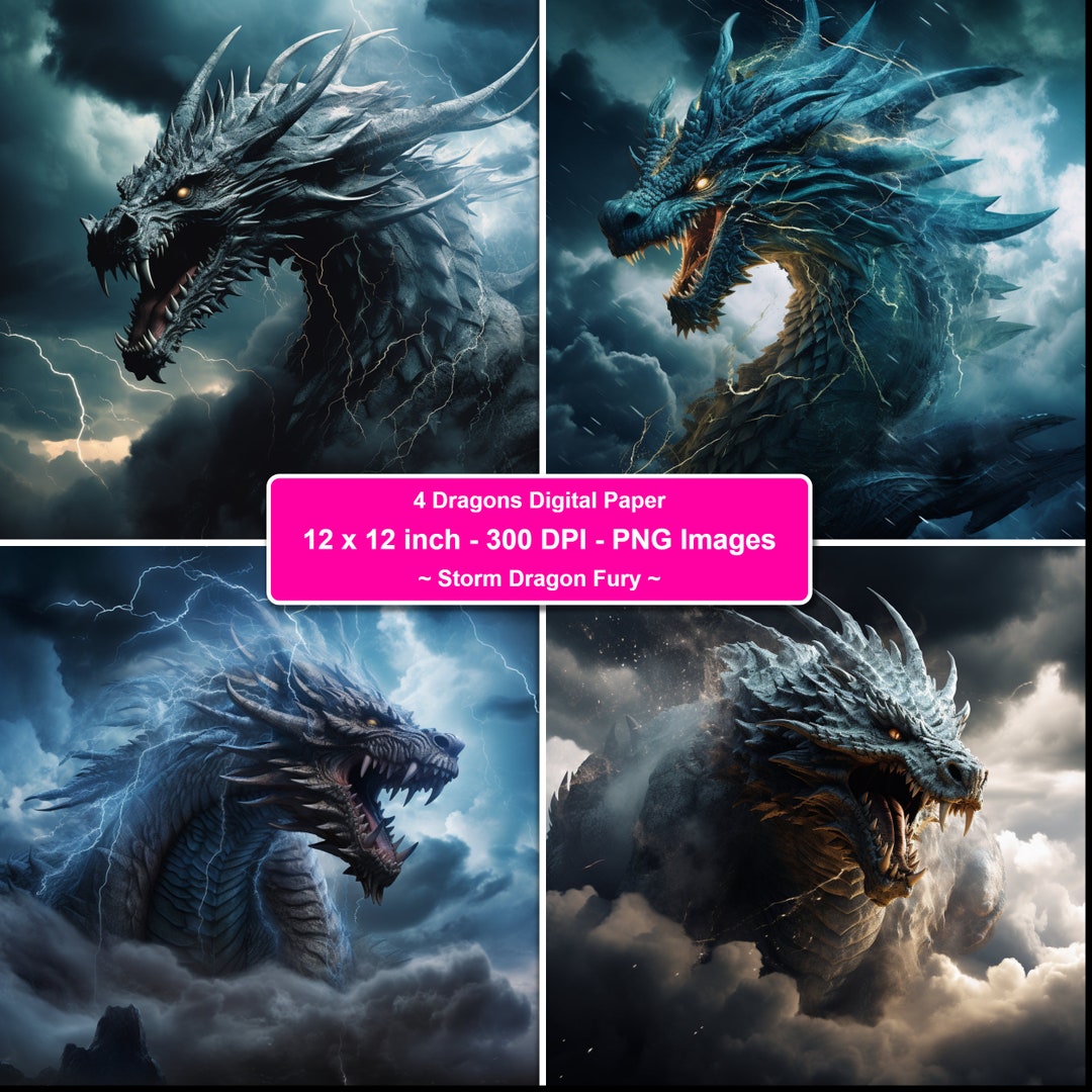 Storm Dragon Fury Digital Paper Majestic Mythical Creature Design ...