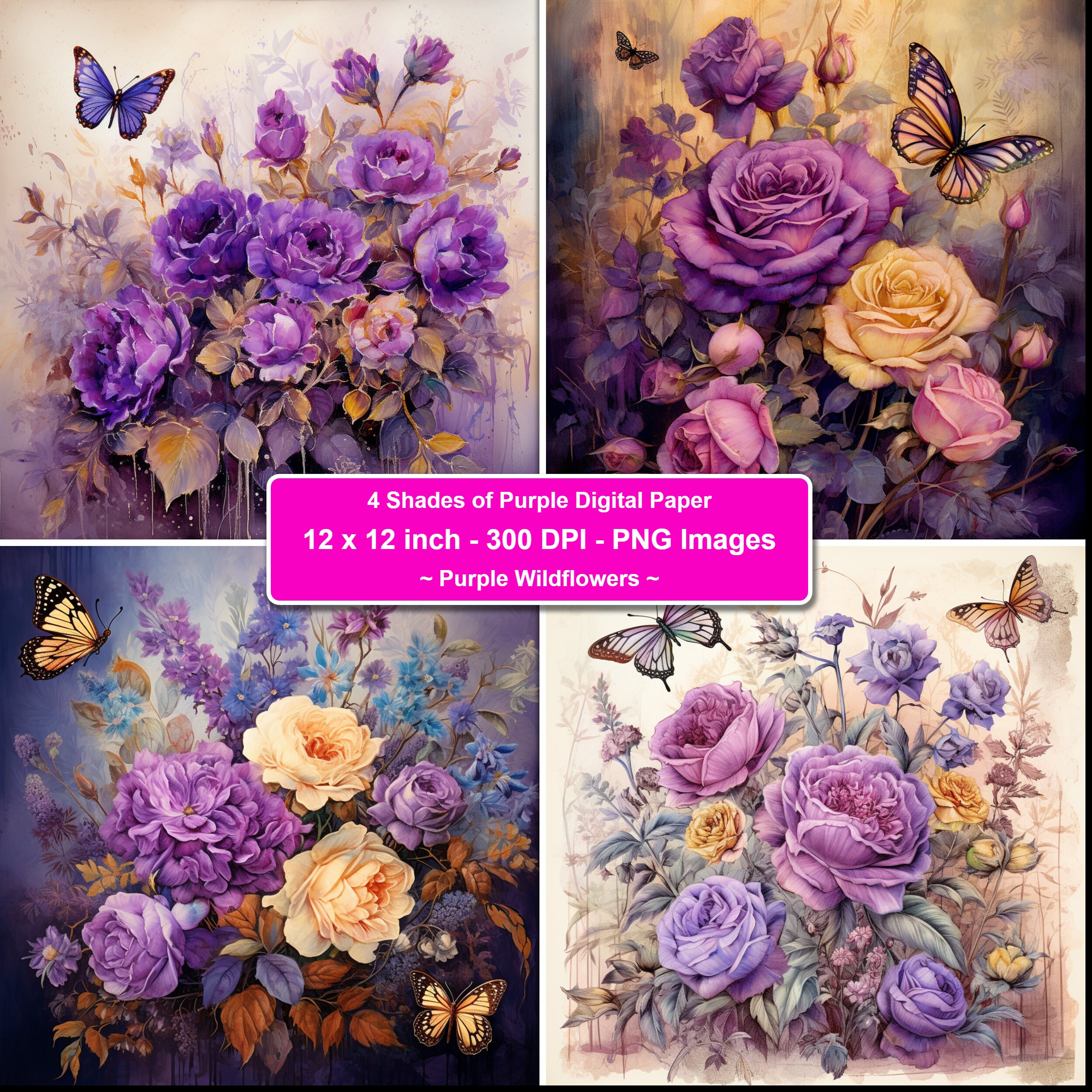 Shades of Purple Floral Digital Paper Vintage Purple Wildflowers ...