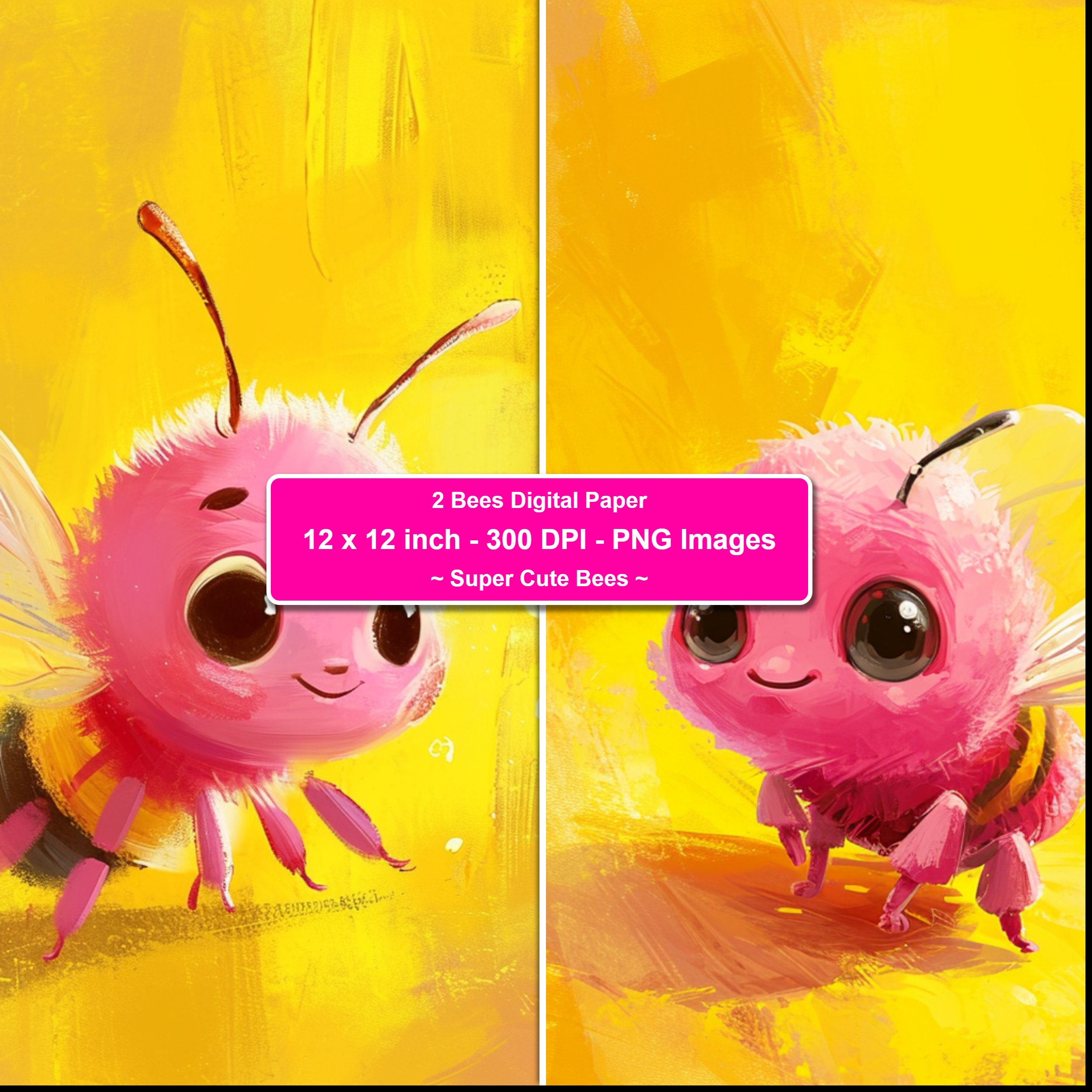 Adorable Pink Bee Digital Paper Cute Insect Theme Vibrant Yellow ...
