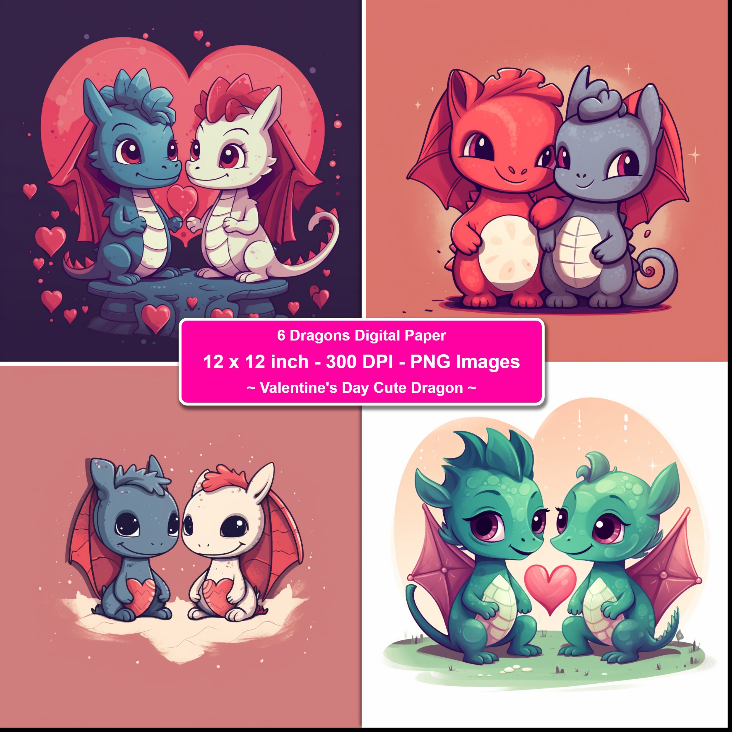 Lovable Dragon Pair Digital Paper Artistic Minimalistic Style Valentine ...