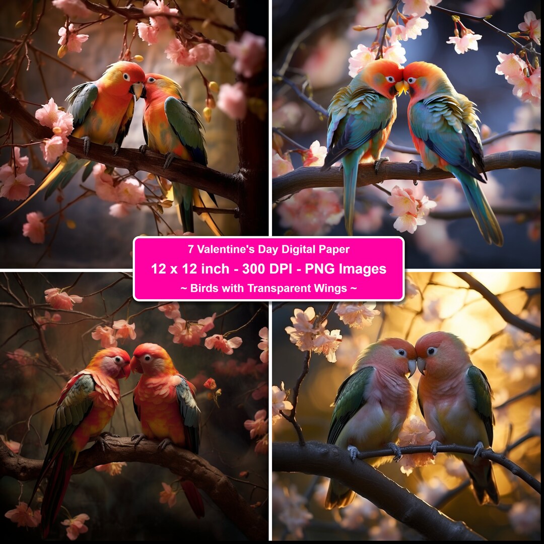Romantic Lovebirds Digital Paper Valentine's Day Theme Heartfelt ...