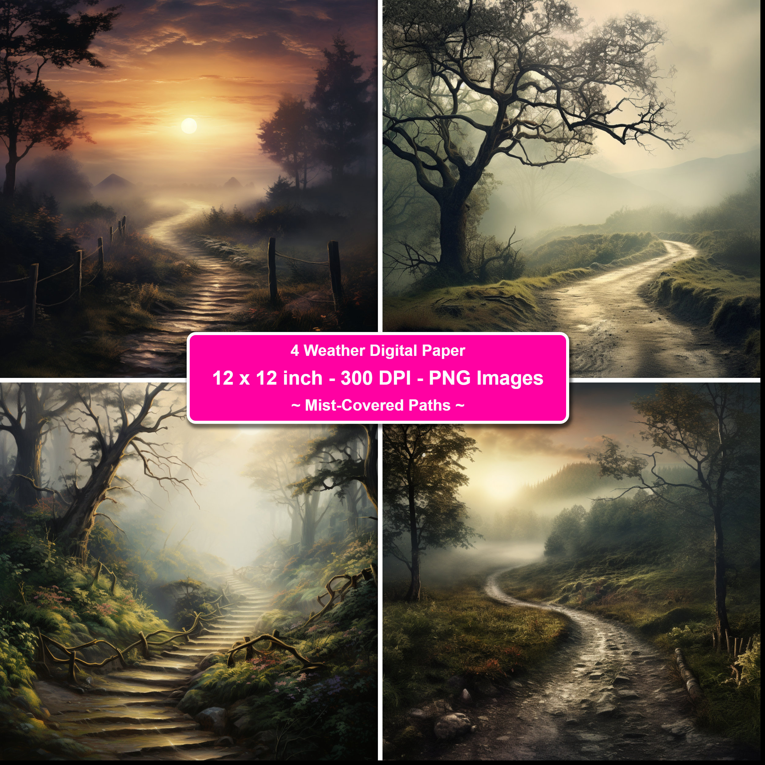 Mystic Mist Paths Digital Paper Enchanting Scenic Pathways Atmospheric ...