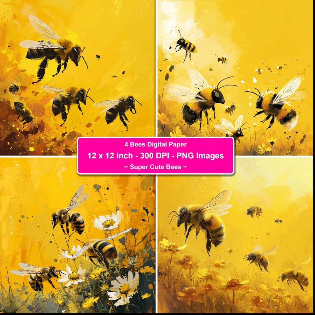 Adorable Bee Digital Paper Vibrant Yellow Buzzing Bees Design Cute Bee ...