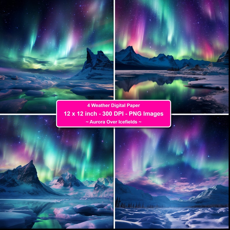 Aurora Borealis Digital Paper Majestic Icefield Night Sky Northern ...