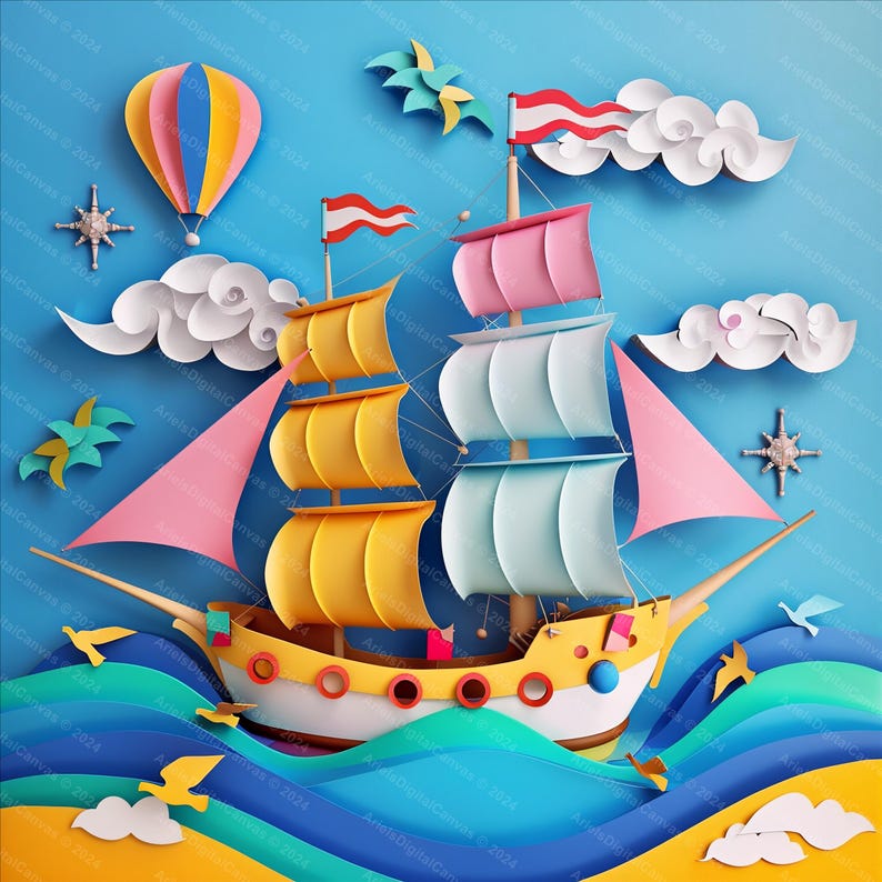 Printable Digital Paper Kids Room Decor Charming Clipper Ship Digital ...