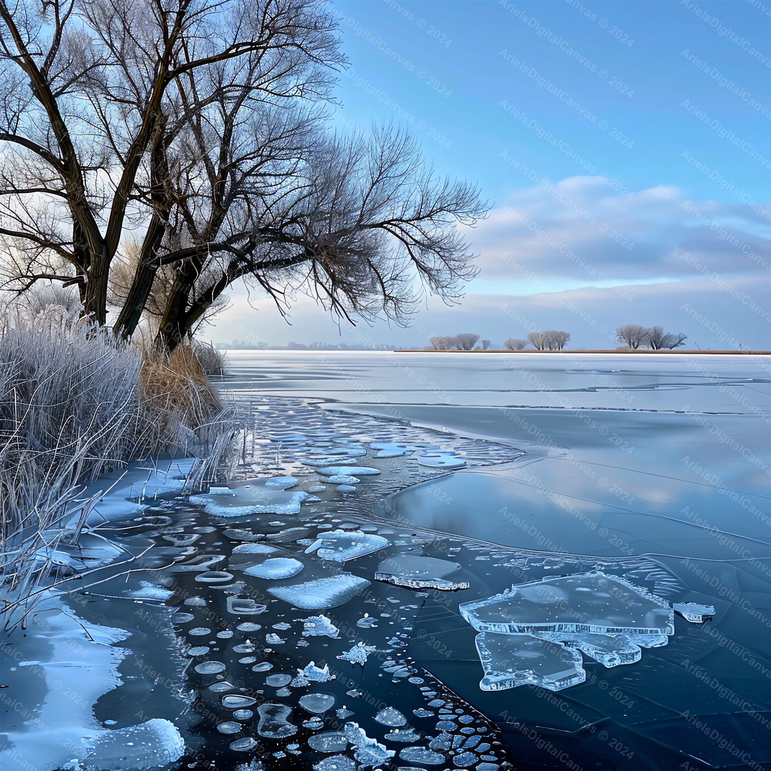 Enchanting Frozen Lake Scenery Digital Paper, Serene Winter Landscape ...