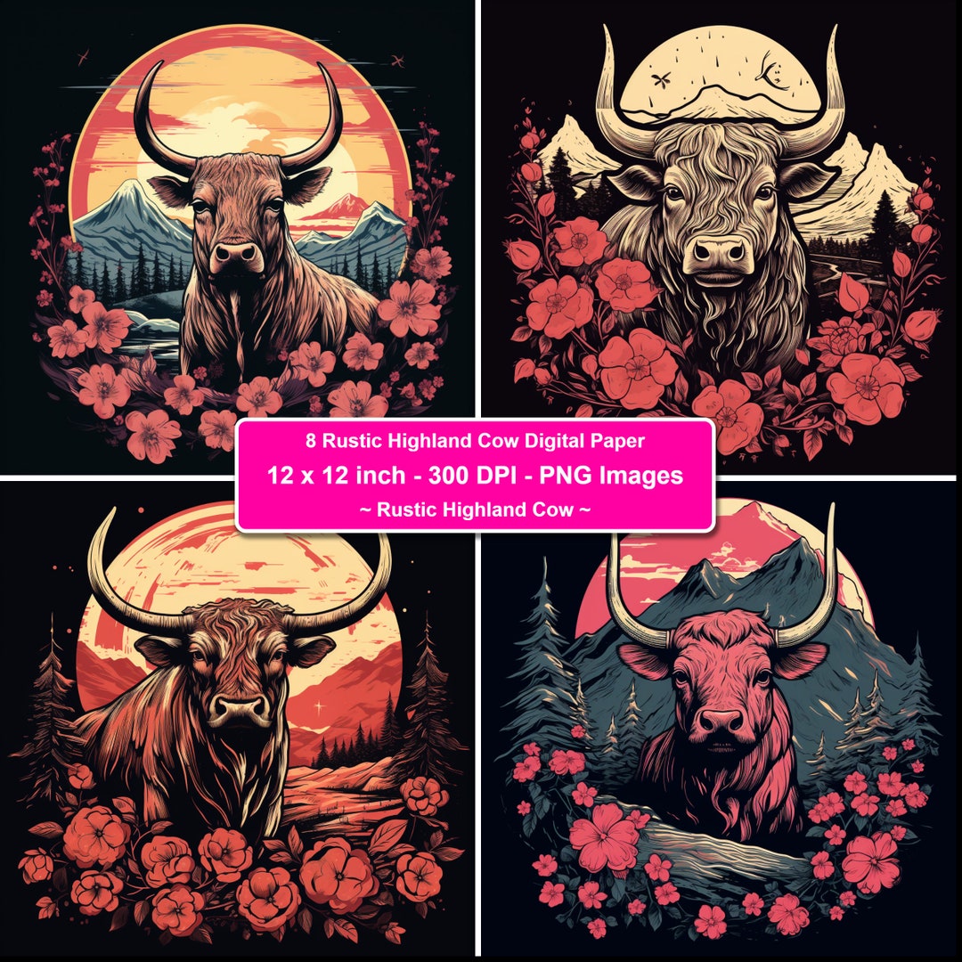 Rustic Highland Cow Digital Paper Luxurious Pink Roses Highland Cow ...