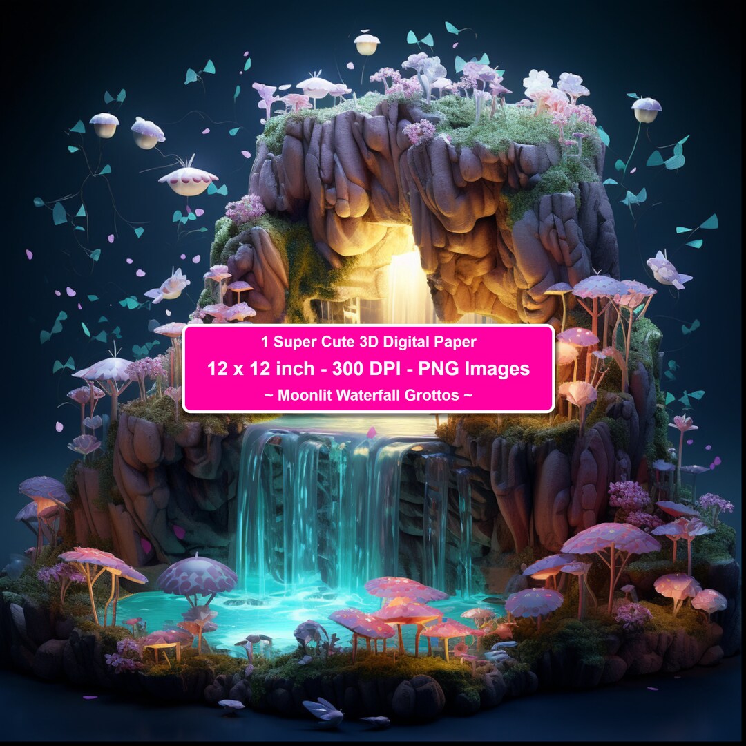Enchanting Moonlit Waterfall Grotto Digital Paper Envisioned in 3D Cute ...