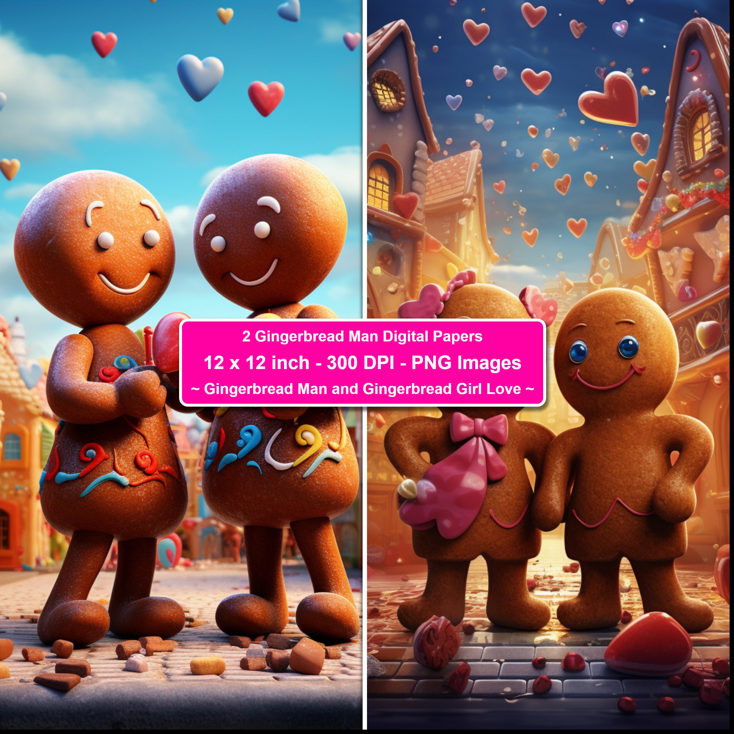 Gingerbread Man Girl Love Digital Paper Sweet Cartoon Romance Design ...