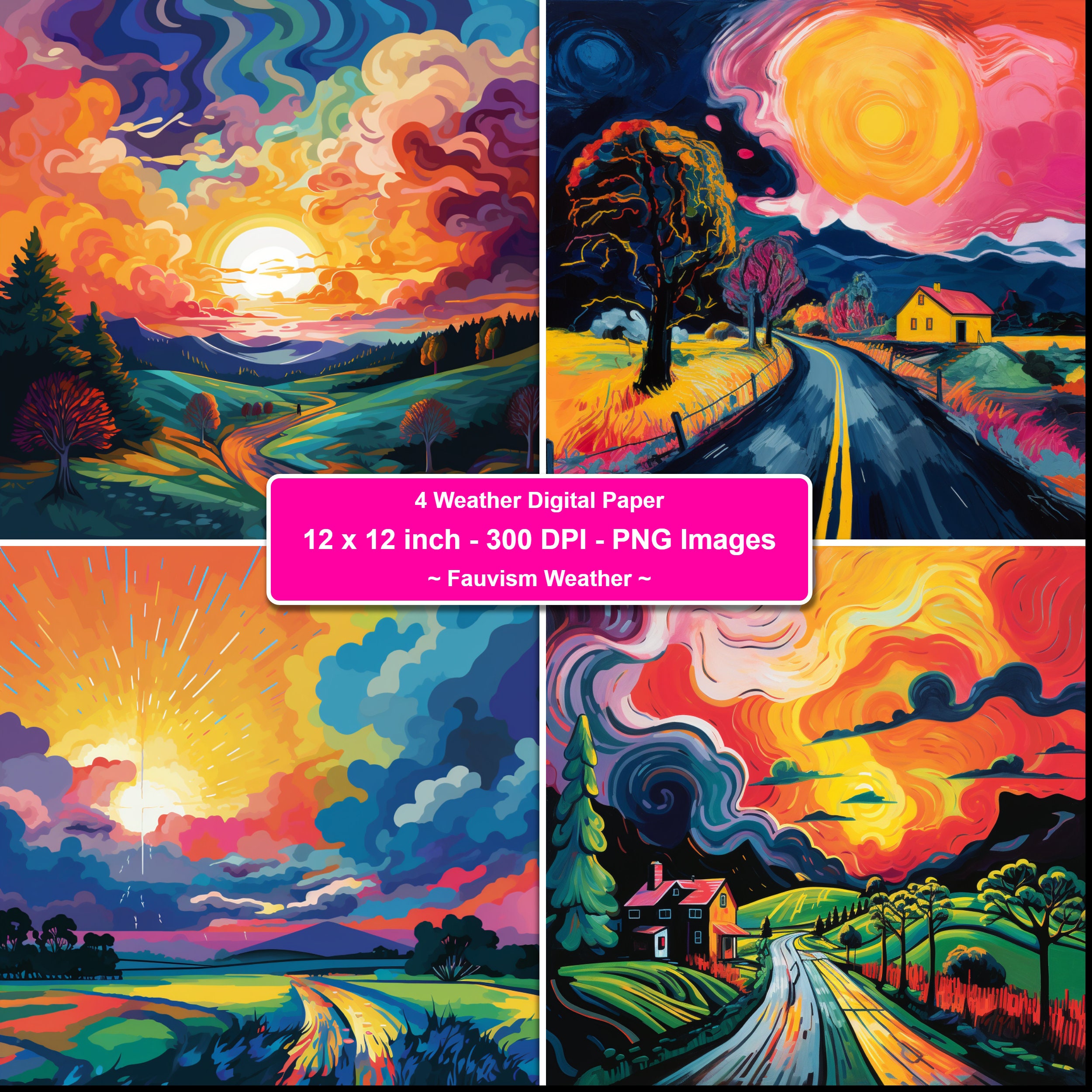 Vibrant Fauvist Weather Digital Paper Unique Colorful Sky for Creative ...