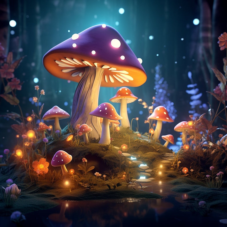 Charming Glowing Mushrooms Digital Design Vibrant Cute Fantasy Scene - Etsy