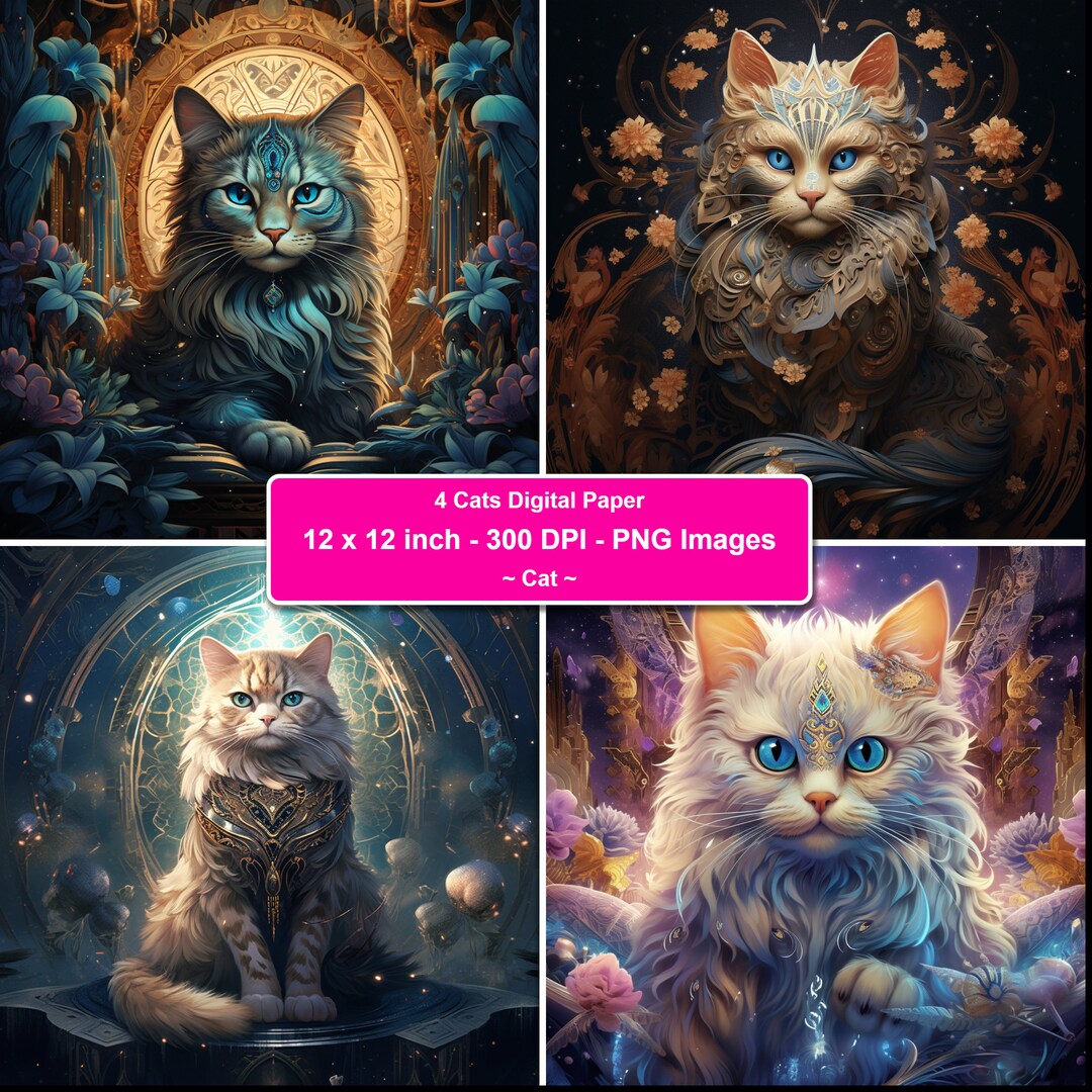 Fantasy Cat Digital Paper Enchanted Feline Worlds Magical Crafting ...