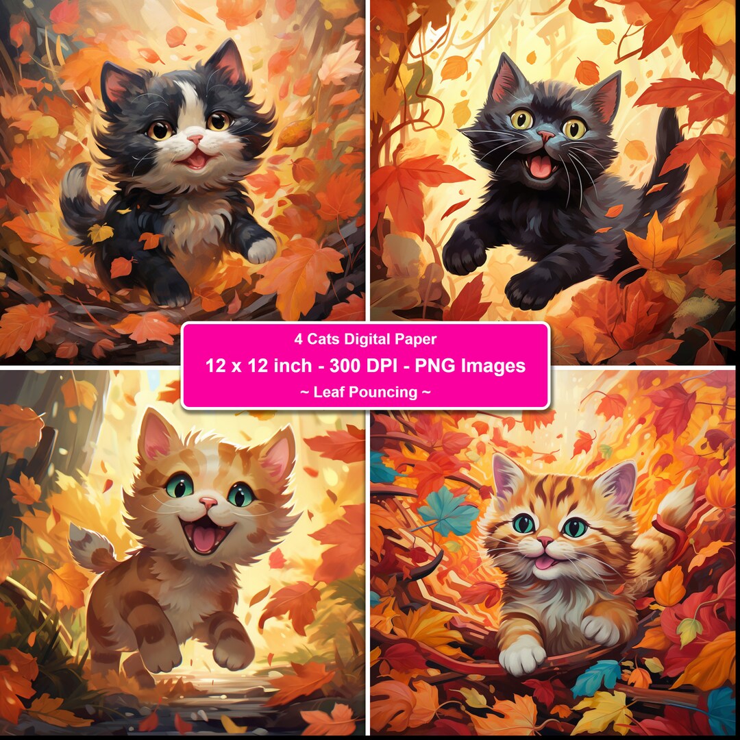 Energetic Kitty Digital Design Bold Leaf Frolic Lively Cat Digital ...