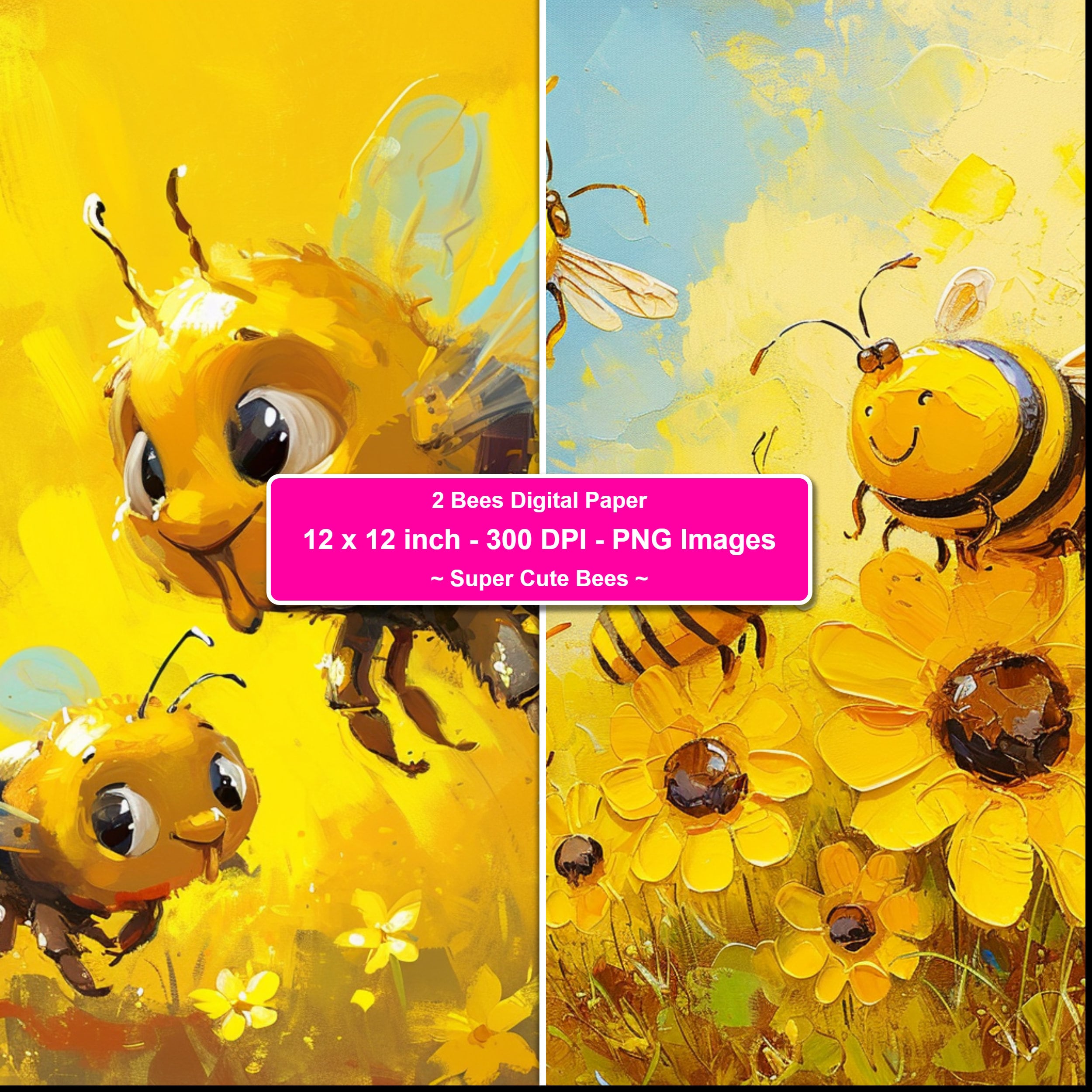 Charming Bee Digital Paper Vibrant Super Cute Bees Design for Crafting ...