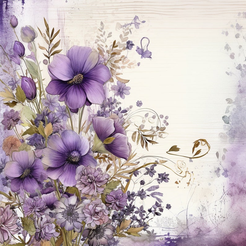 Elegant Purple Floral Digital Paper Vintage Wild Flowers Design ...